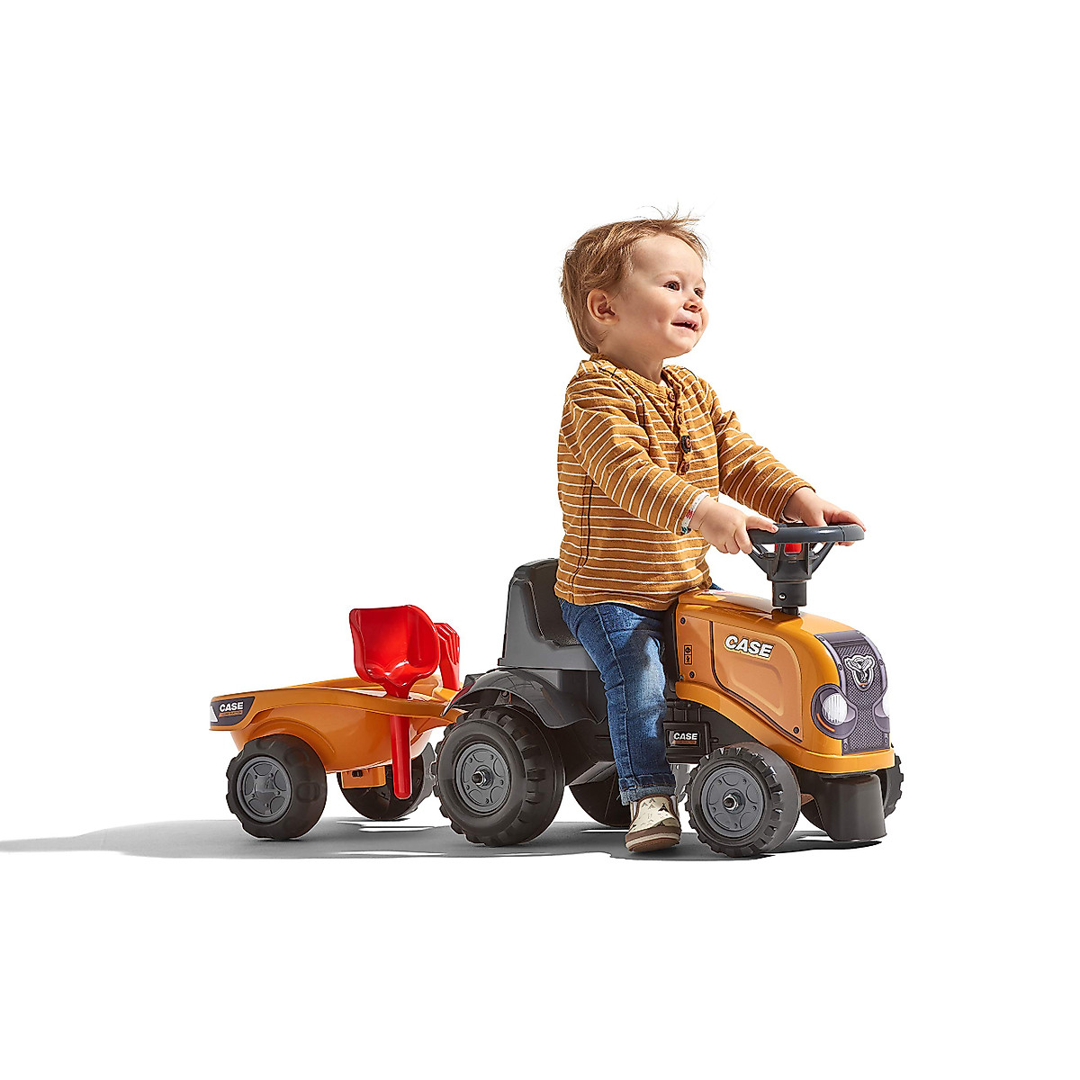 Falk Case CE Tractor with Trailer, Rake and Shovel, Rake and Shovel, 2 Sets of Stickers, Push Ride-On Toy for Toddlers +1 Year FA297C
