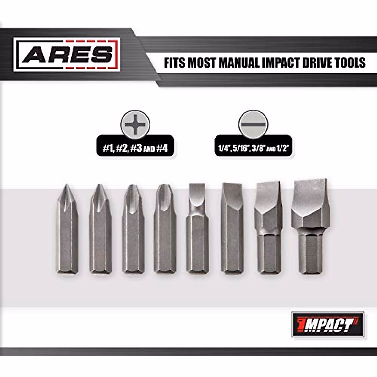 ARES 70013-8-Piece S2 Steel Impact Driver Bit Set - Includes Phillips 1,2,3,4 and Slotted 1/4-Inch, 5/16-Inch, 3/8-Inch and 1/2-Inch Bits - High Alloy S2 Steel Construction
