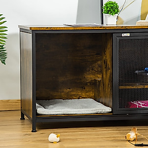 PawHut Cat Kennel, Furniture Style Dog Cage, Wood & Steel End Table Pet House with Cushion and Sliding Doors, Rustic Brown