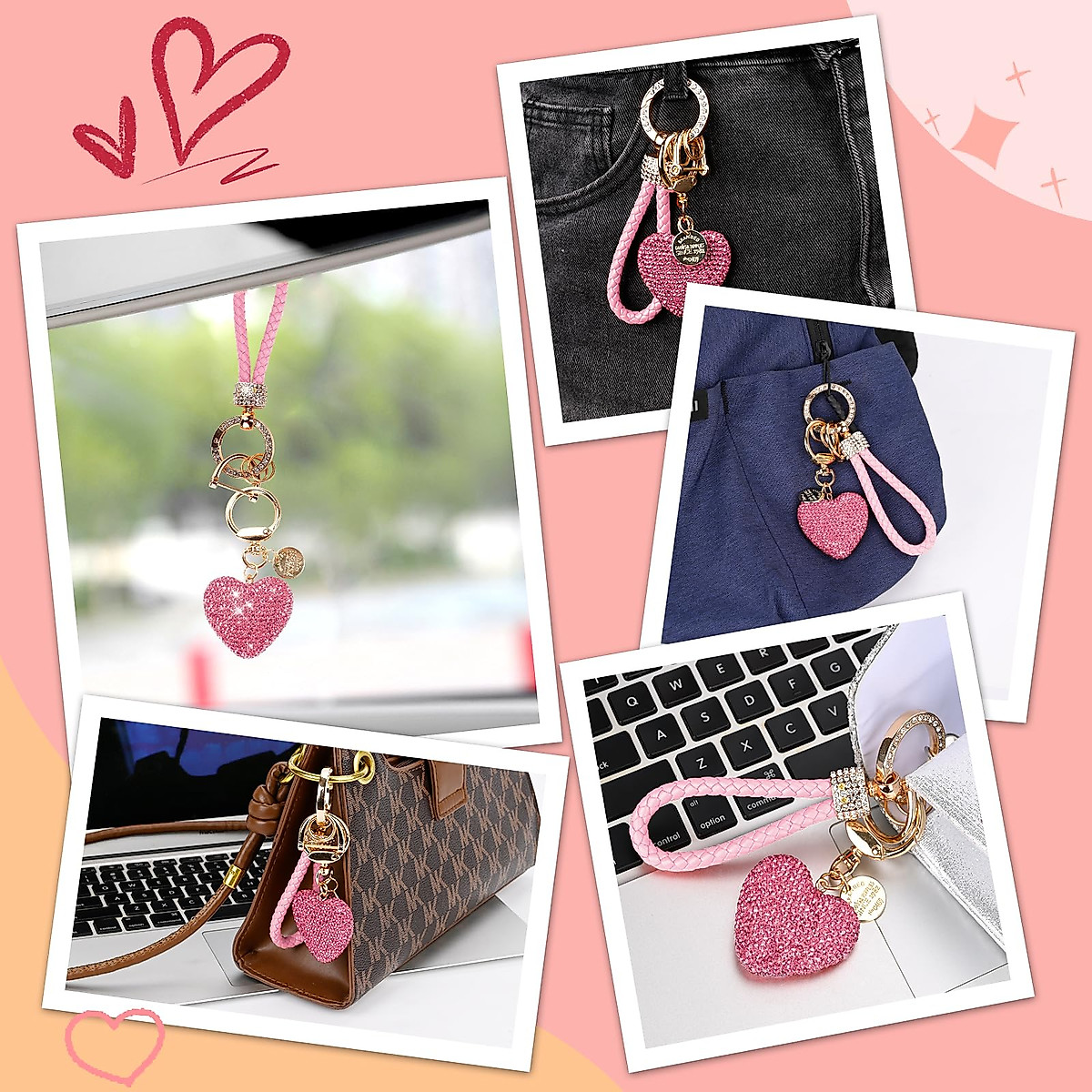 Car Keychain for Women with Rhinestone Heart Shape Bling Girl Cute Keychain for Christmas,Personalized Gift (A-Pink)