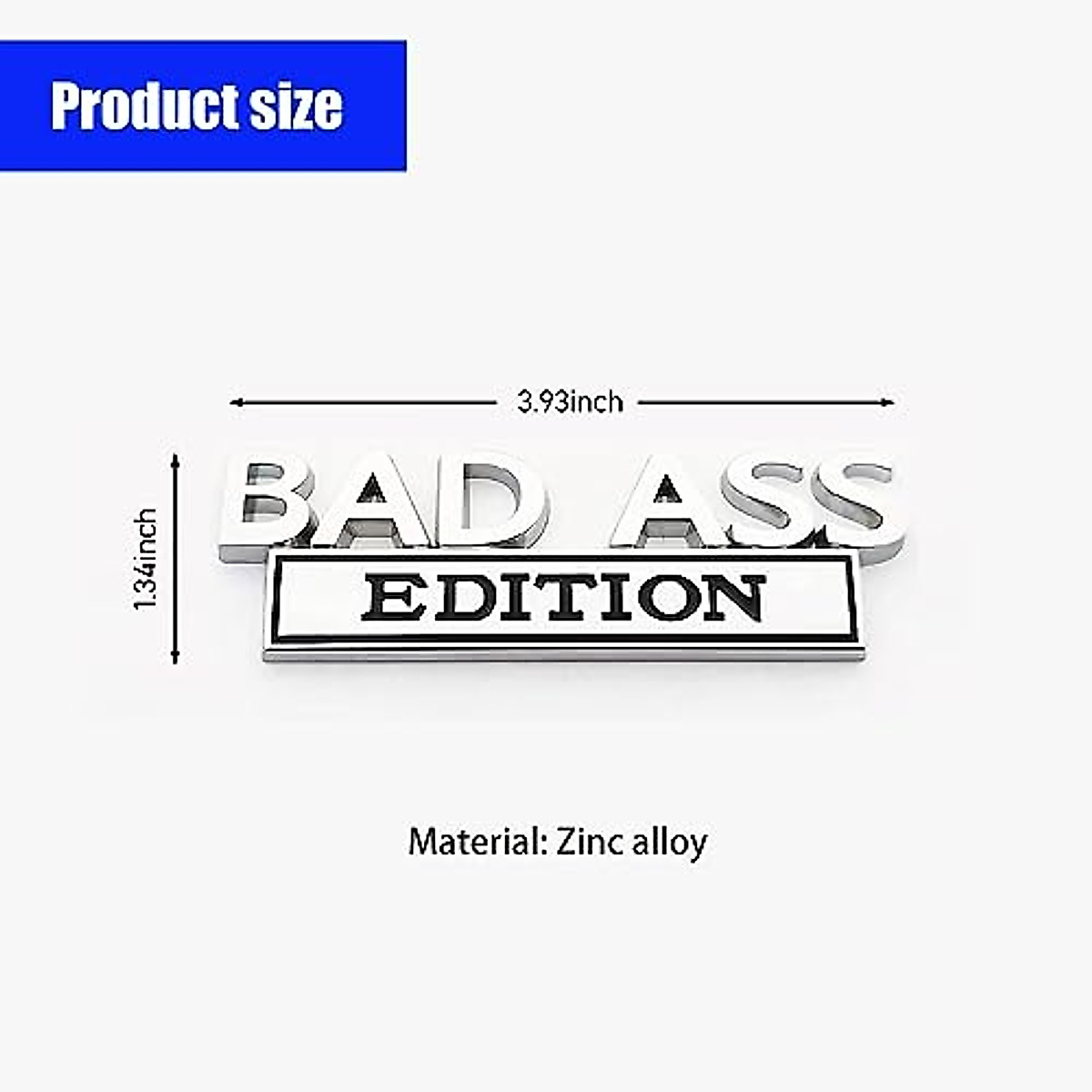 Crynod 1 PC Car Fender Badge Decal, 3.93" x 1.33" "Bad Ass Edition" Zinc Alloy Three-Dimensional Tailgate Front Grille Hood Decal, Retrofit Decorative Replacement, for Most Models (Silver & Black)