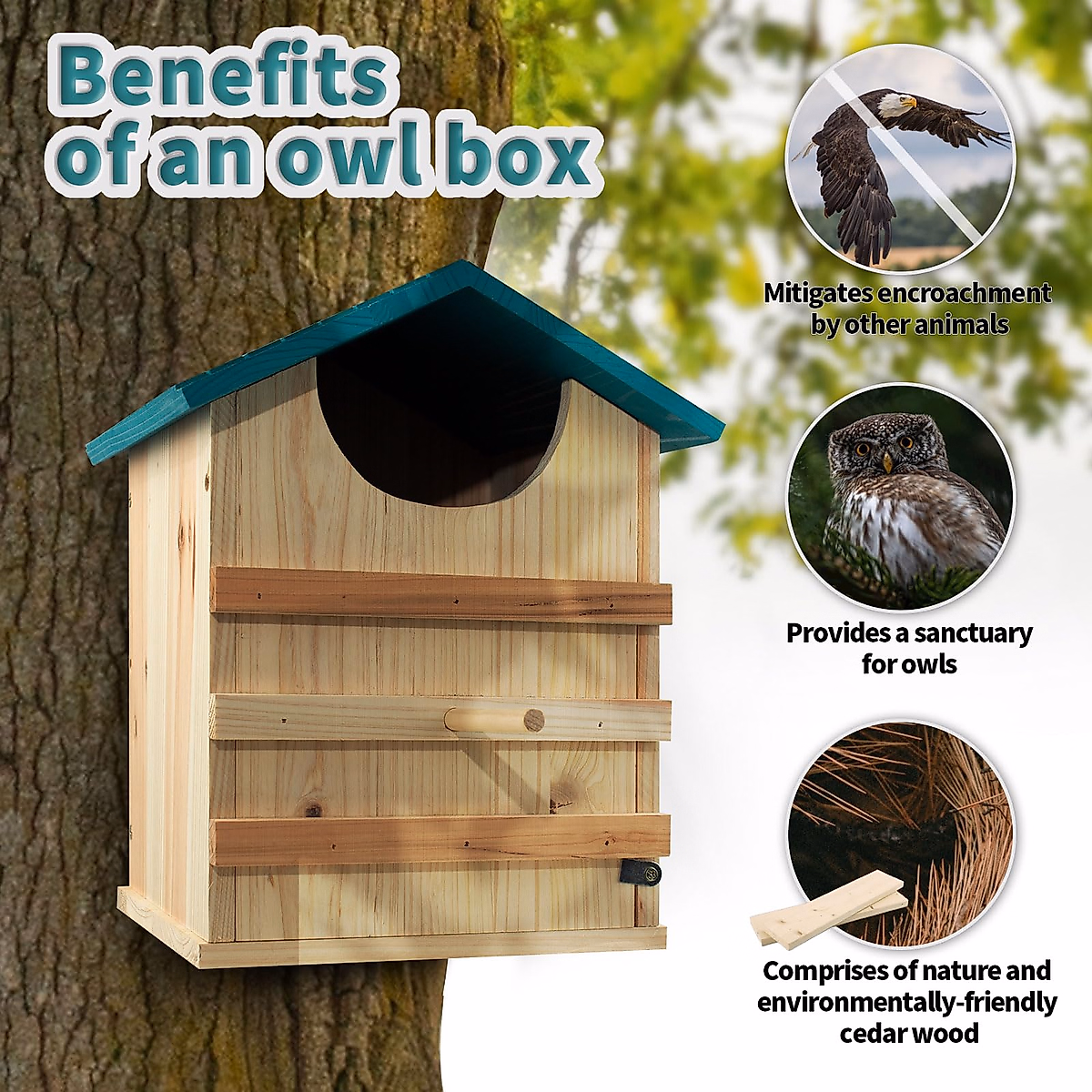 MLOHASING Cedar Wood Screech Owl House - Handcrafted 14x10 Inch Rustic Birdhouse with Perch Stand & Mounting Kit, Outdoor Wildlife Habitat Shelter for Garden, Yard, Avian Nesting Box