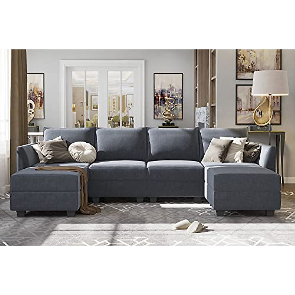 HONBAY Modern U-Shaped Modular Sectional Sofa Sleeper Couch with Reversible Chaise Modular Sofa Couch with Storage Seats, Bluish Grey
