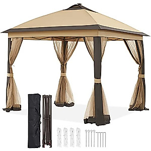 Yaheetech 11'x11' Pop Up Gazebo Instant Tent with Solar LED Lights & Zippered Mesh Netting, Outdoor Shelter Sun Shade Gazebo for Backyard Garden Patio, Khaki & Brown