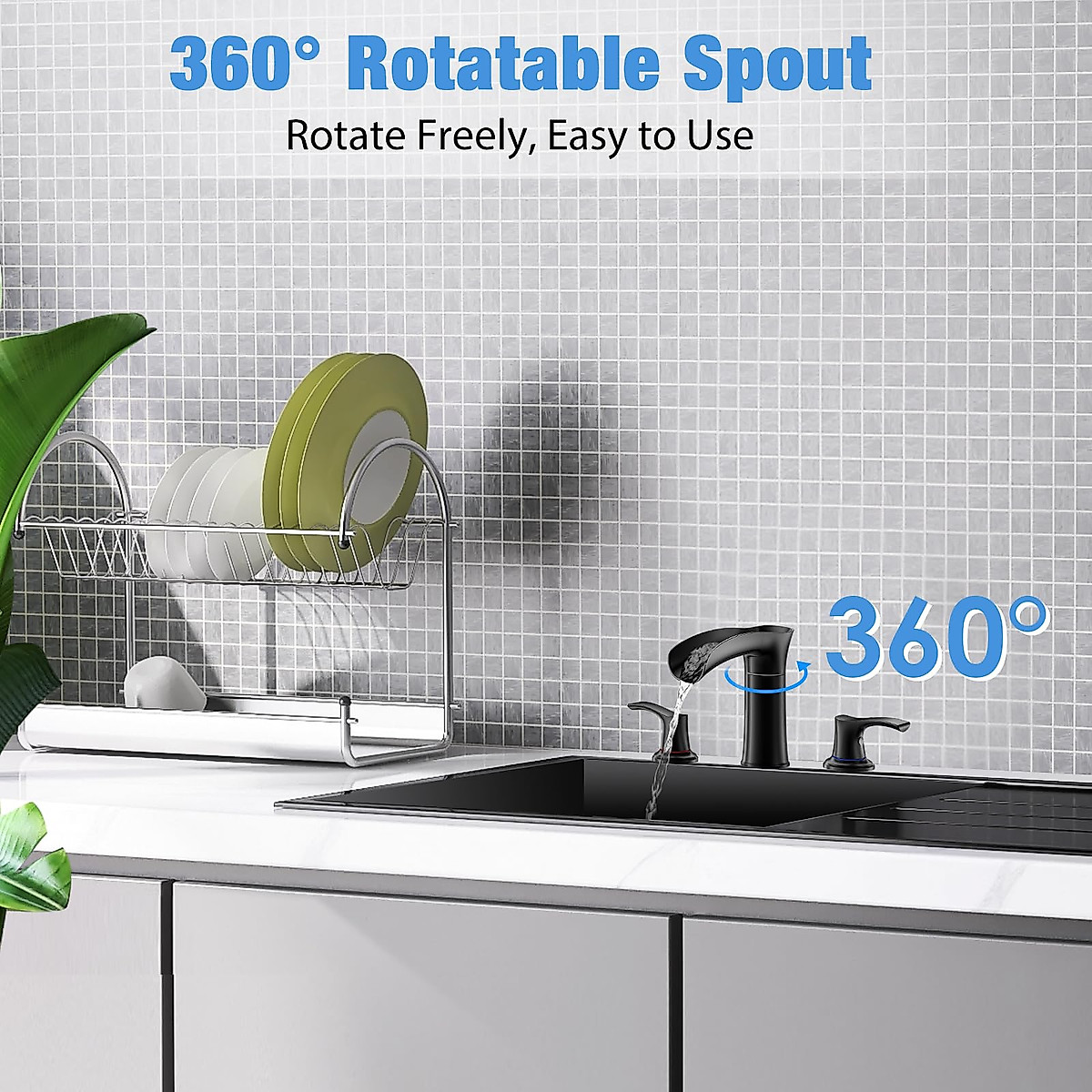 Waterfall Bathroom Faucet, WaterSong 3-Hole 8 Inch Bathroom Sink Faucet for 360-Degree rRotation, 2-Handle Vanity Faucets with Supply Lines, Widespread Spout Faucet for RV Bathroom Sink, Matte Black