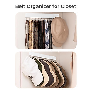 StorageWorks Belt Organizers for Wall, Wooden Belt Holder, Belt Storage with 12 Hooks, Tie Rack Wall Mounted, Belt and Tie Organizer for Closet, White, 2 Pack