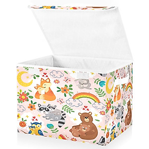 Lidded Home Storage Bins Cute Bunny in The Garden Pattern Double Handle Foldable Storage Basket Flip-Top Storage Box for Toys Clothes Documents