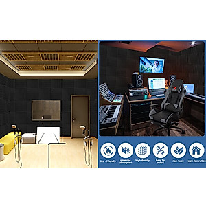 50 Pack Acoustic Foam Panels Premium Sound Proof Foam Panels Black Soundproof Wall Panels High Density Acoustic Panels Sound Absorbing for Studio Office Home, 12 x 12x 1Inch