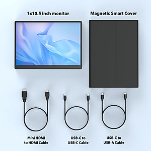 Miktver Portable Monitor, 10.5 Inch FHD 1920x1280 IPS 100% SRGB Small Laptop Monitor for Computer PC Phone Mac Xbox PS4, USB C HDMI Gaming Monitor Ultra-Slim IPS Display with Smart Cover