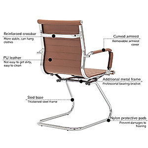 Guyou Office Reception Guest Chair Mid Back PU Leather Metal Leg Sled Base Conference Reception Room Chairs with Arms (Coffee, 2 PCS)