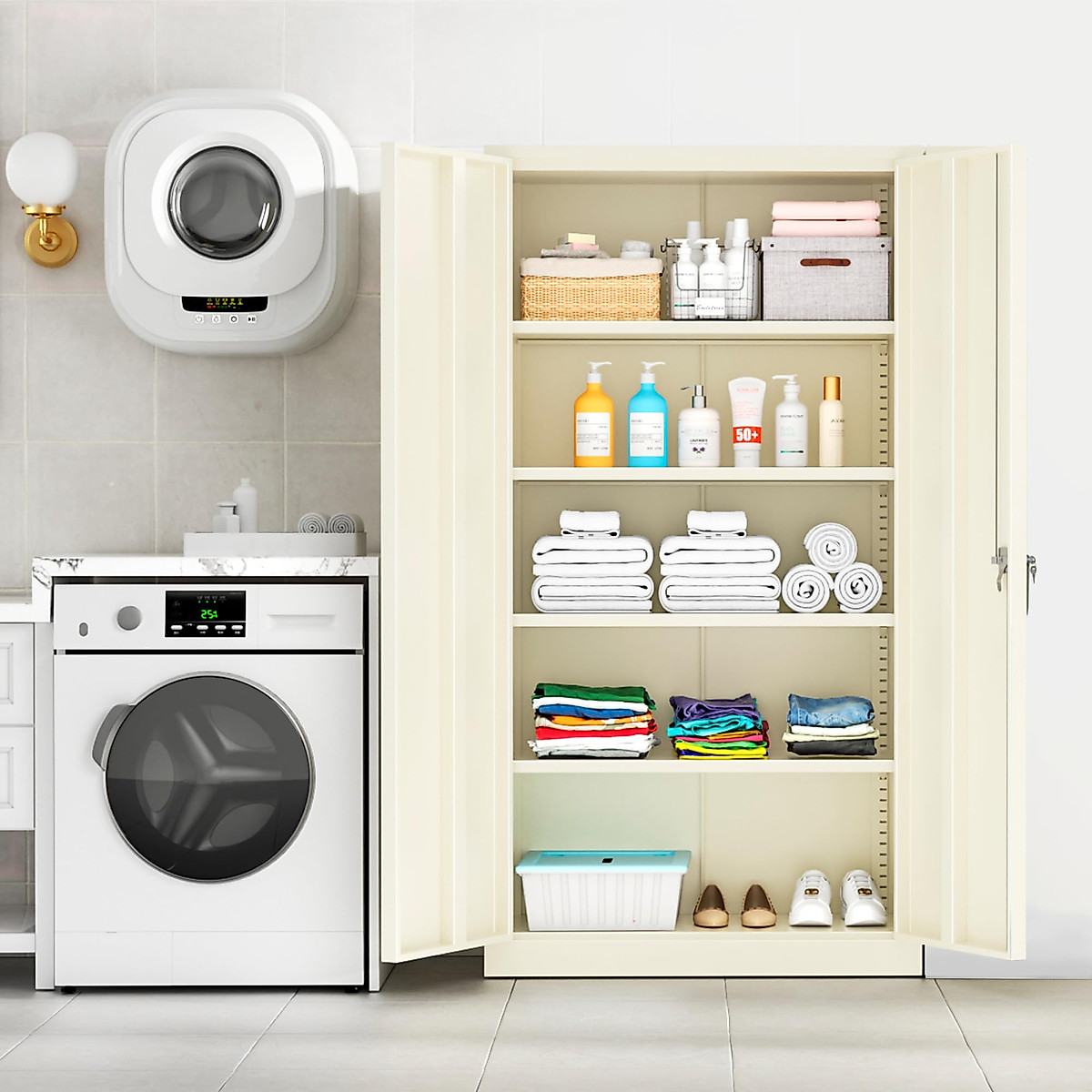 Superday Locking Metal Cabinet 72"×36"×18", Tall Storage Cabinet with 2 Doors and 4 Shelves, Large Metal Steel Utility Cabinet for Garage Tool Office File Pantry (Putty)