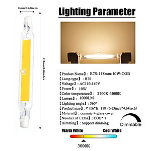 118mm 10W R7S LED Bulb (3 Pack) 100W Halogen Equivalent 118mm J-Type 10W 120V R7S Base 3000K Warm White J Type T3 118mm Double Ended Flood Light Bulbs 360°Beam Angle Landscape Lights,3-Pack