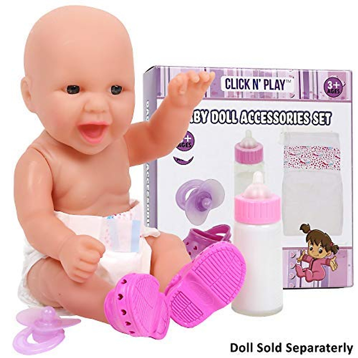 Click N' Play Baby Girl Doll Caring and Feeding Accessories Set (Doll not Included) - Doll Accessories - Baby Doll Stuff - Baby Doll Bottles with Disappearing Milk - Baby Doll Accessories Set, Pink