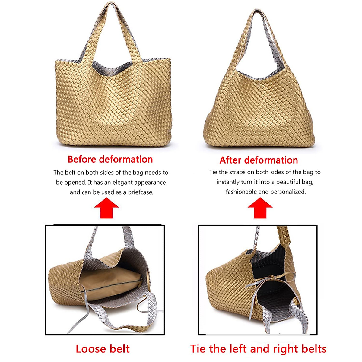 Ladies Handmade Knitting Large Handbags and Purses Casual Tote For Women Summer Beach Travel Bag Woven Composite Shoulder Bag (Rose red&black)