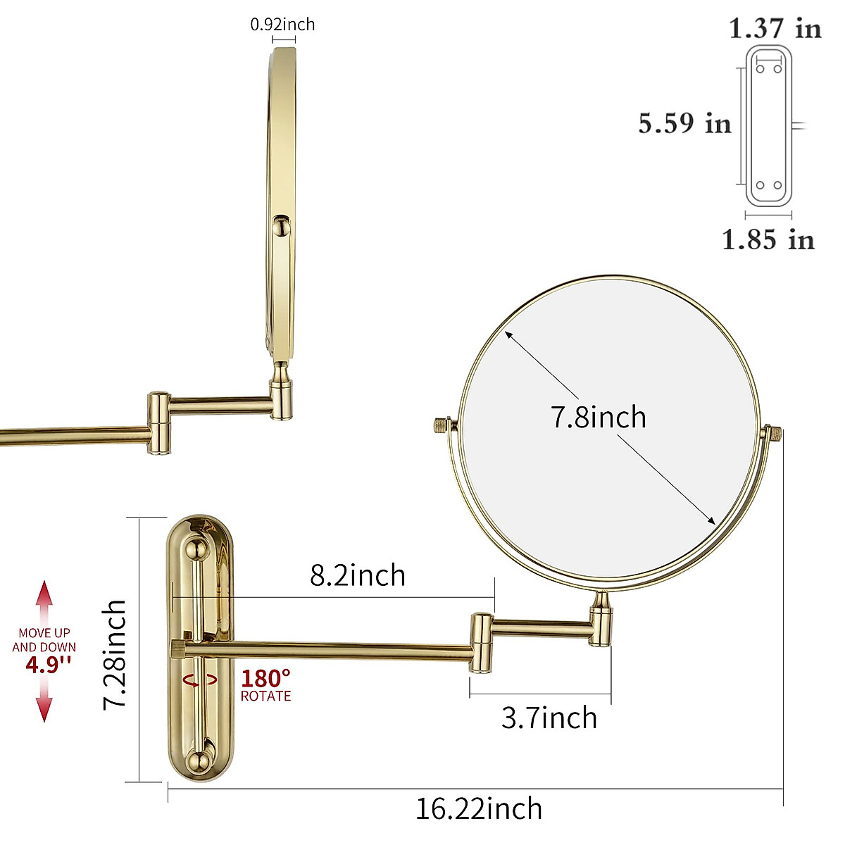 Nicesail 8 Inch Double-Sided Wall Mounted Mirror, Magnified 7X Makeup and Shaving Mirror, Height Adjustable-Gold