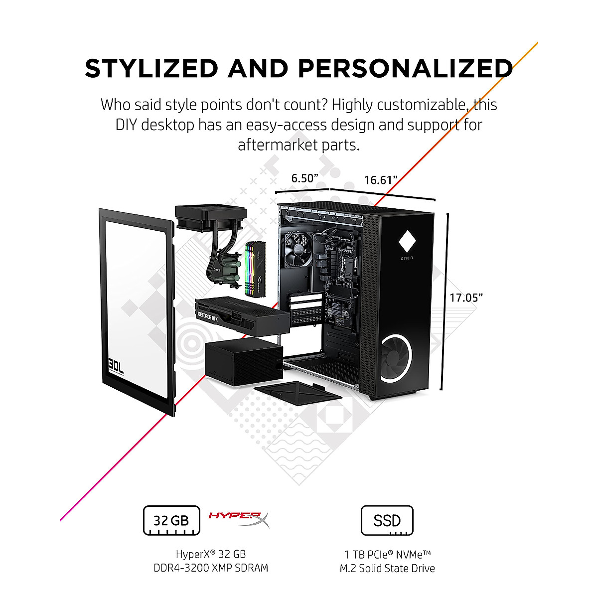 Omen 30L Gaming PC, NVIDIA GeForce RTX 3070, AMD Ryzen 7 5800X, HyperX 32 GB RAM, 1 TB SSD, Windows 10 Pro, Wi-Fi 6 & Bluetooth 5, Liquid Cooling, RGB Lighting (GT13-1170, 2021)