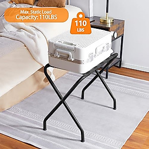 ELYKEN 2 Pack Folding Luggage Rack for Guest Room, Heavy Duty Max 110LBS Loading Bearing Suitcase Holder, Easily Assemble Metal Stand, Narrow Foldable Space Saving Hotel Storage Rack, Black