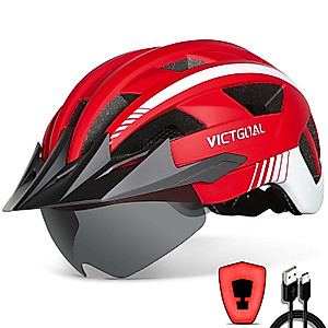 VICTGOAL Bike Helmet with USB Rechargeable Rear Light Detachable Magnetic Goggles Removable Sun Visor Mountain & Road Bicycle Helmets for Men Women Adult Cycling Helmets (L: 57-61 cm, Red)