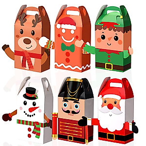 Harloon Christmas Gift Boxes Kid Bulk Xmas Nutcracker Santa Snowman Reindeer Elf 3D Cardboard with Handle Party Presents Cute Empty Packaging Supplies,12 x 6 x 3.1 Inch(24 Pcs)