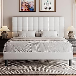 Feonase Queen Bed Frame with Square Stitched Headboard, Faux Leather Upholstered Platform Bed Frame, High-Density Sponge Filled, Solid Wood Slats, No Box Spring Needed, Noise-Free, White