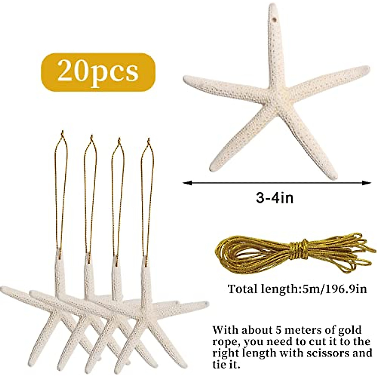 20 PCS Christmas Natural Starfish Ornaments 3-4'' + Beaded Starfish Garland Christmas Decorations 80Inch