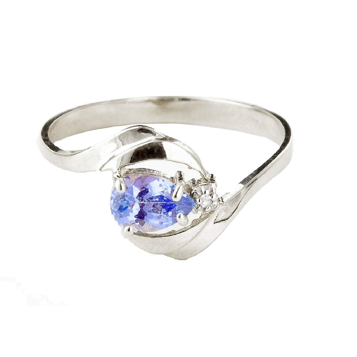 Galaxy Gold GG 14k Solid White Gold Ring with Natural Diamond and Pear-shaped Tanzanite - Size 8
