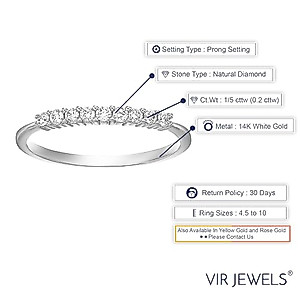 VIR JEWELS 1/5 cttw Round Diamond Wedding Band for Women in 14K White Gold 9 Stones Prong Set, Size 9.5