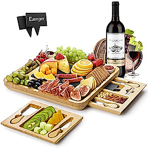 Easoger Large Charcuterie Board (28"×13"×1.6") with 2 Drawers, Bamboo Cheese Board with Knife Set, 2 Ceramic Bowl, Cutting Protection Natural Slate and Non-slip Feet, ideal for Housewarming Gift