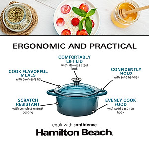 Hamilton Beach Enameled Cast Iron Dutch Oven Navy (3-Quart) | Cream Enamel Coating Dutch Oven Pot with Lid | Cast Iron Dutch Oven with Even Heat Distribution | Easy Grip to Handles & Multipurpose