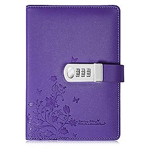 PU Leather Diary with Lock, A5 Size Journal with Combination Lock Creative Password Notebook Locking Personal Diary (Purple)