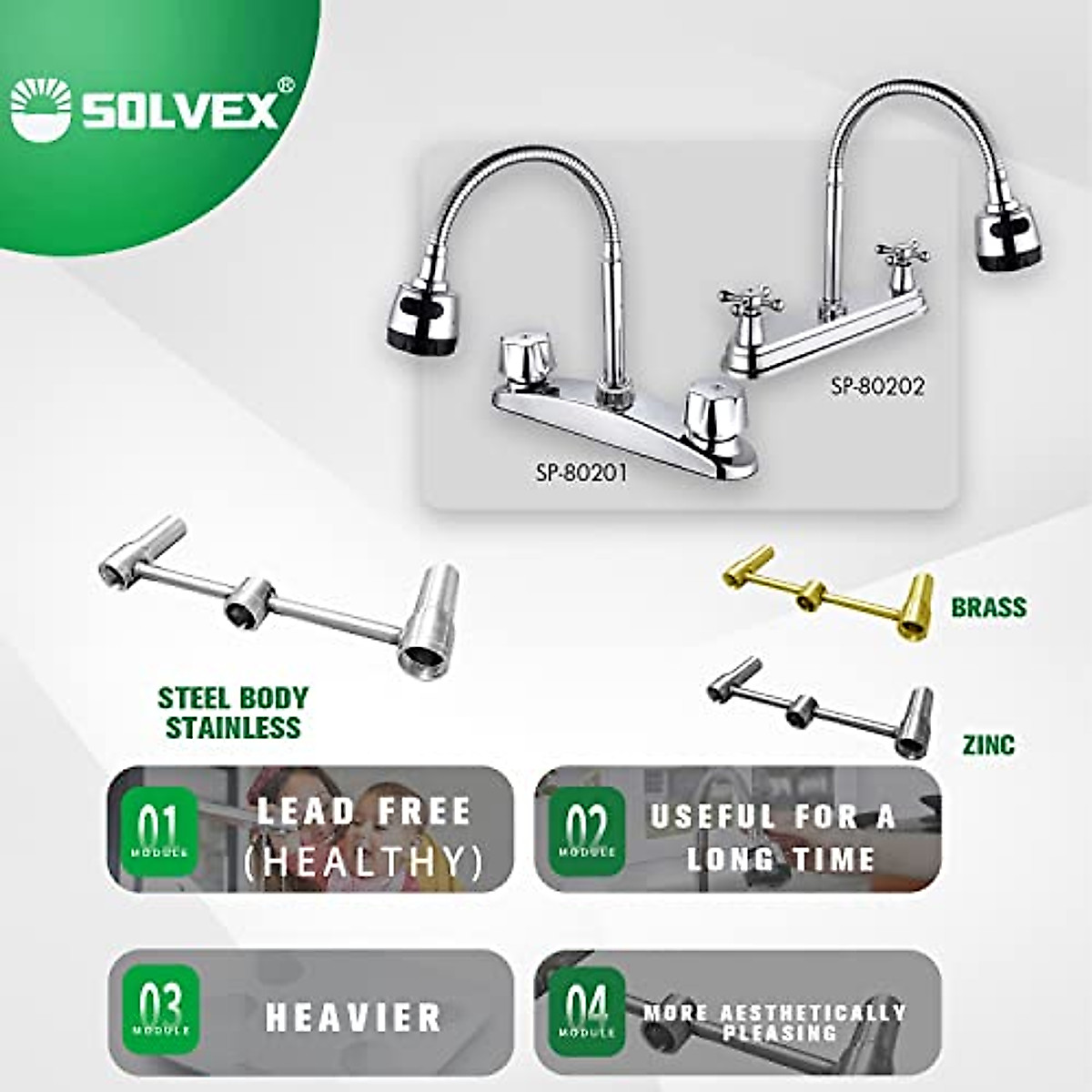 SOLVEX 2 Handle Kitchen Sink Faucet, High Arc 360 Swivel Stainless Steel Pipe 3 Hole Kitchen Faucet, Commercial Modern Chrome Kitchen Sink Faucet with Flexible Spout, SP-80202