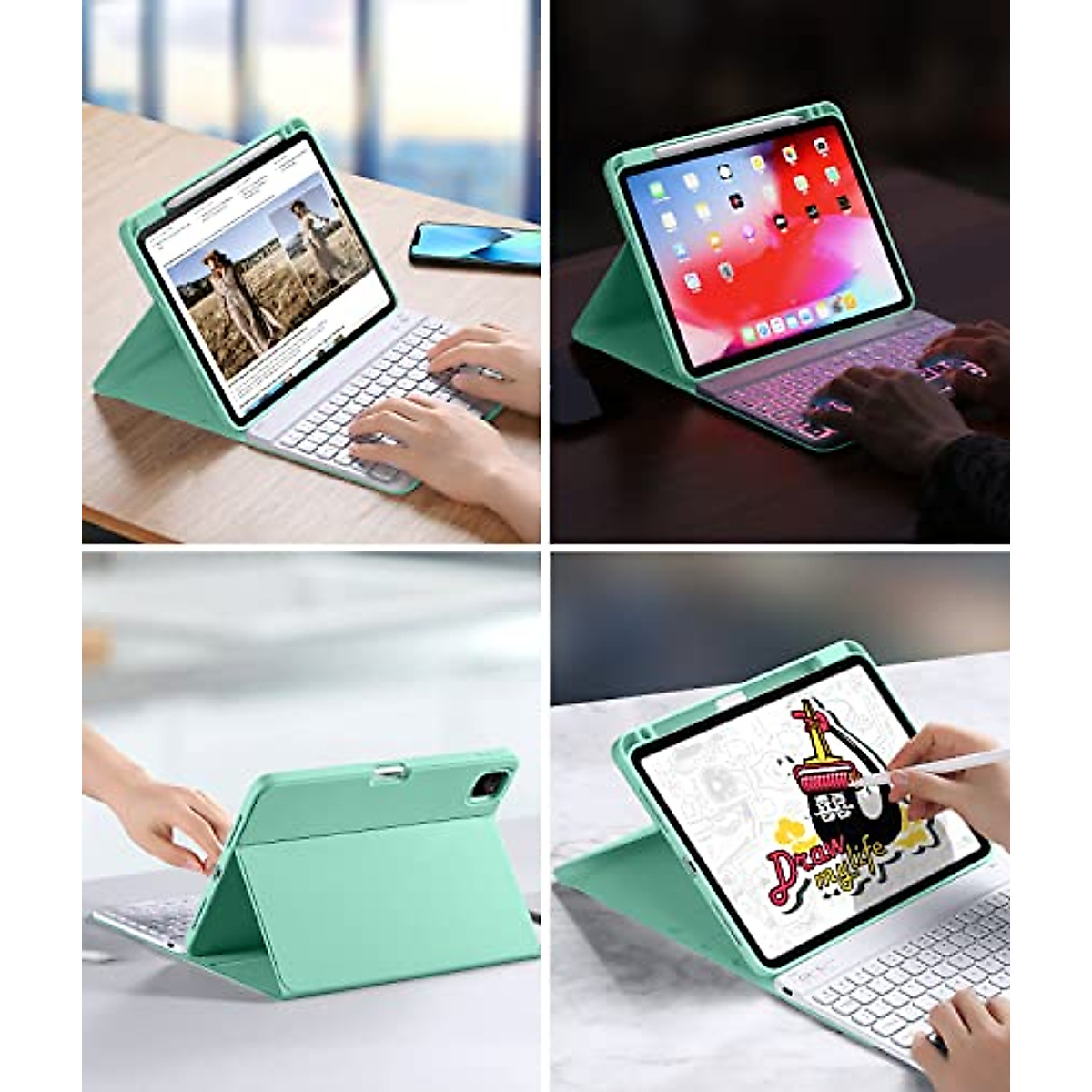 Harvopu for iPad Pro 11 inch Case with Keyboard - 7 Color Backlit Detachable Bluetooth Keyboard for iPad Pro 11-inch 2022(4th Generation)/2021(3rd Gen)/2020(2nd Gen), Green