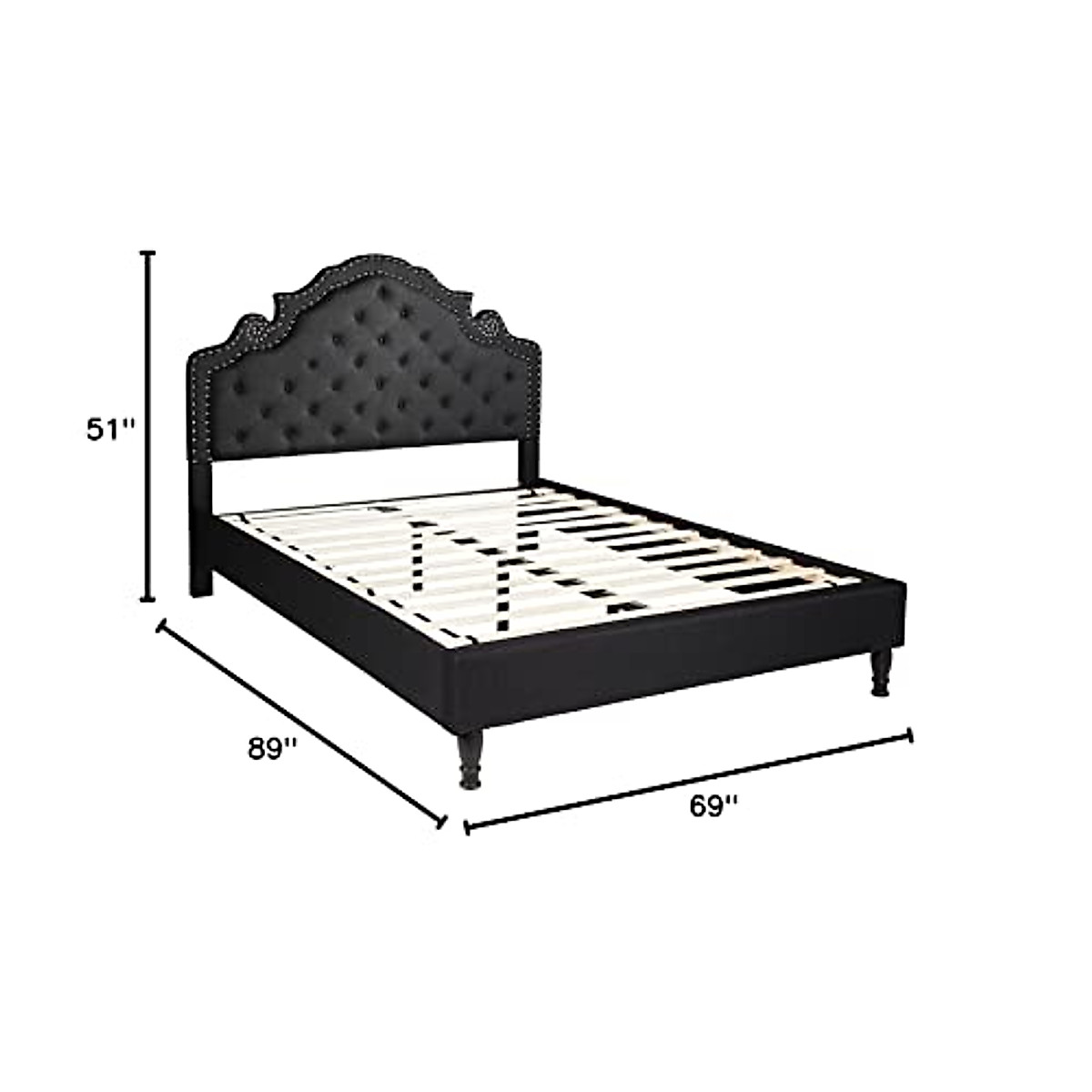 HomeLife Premiere Classics 51" Tall Platform Bed with Cloth Headboard and Slats - Queen (Black Linen)