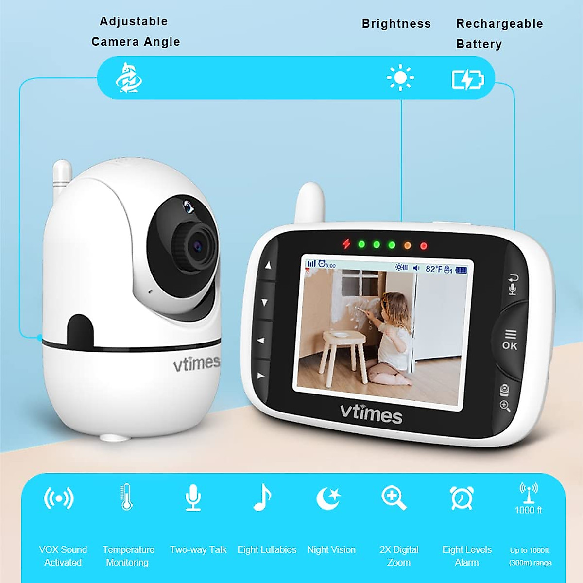 VTimes Video Baby Monitor with Camera and Audio, 3.2" Color LCD Scree, Remote Pan-Tilt-Zoom, Baby Monitor Camera, Infrared Night Vision, Temperature Display, Lullaby, Two Way Audio and VOX Mode