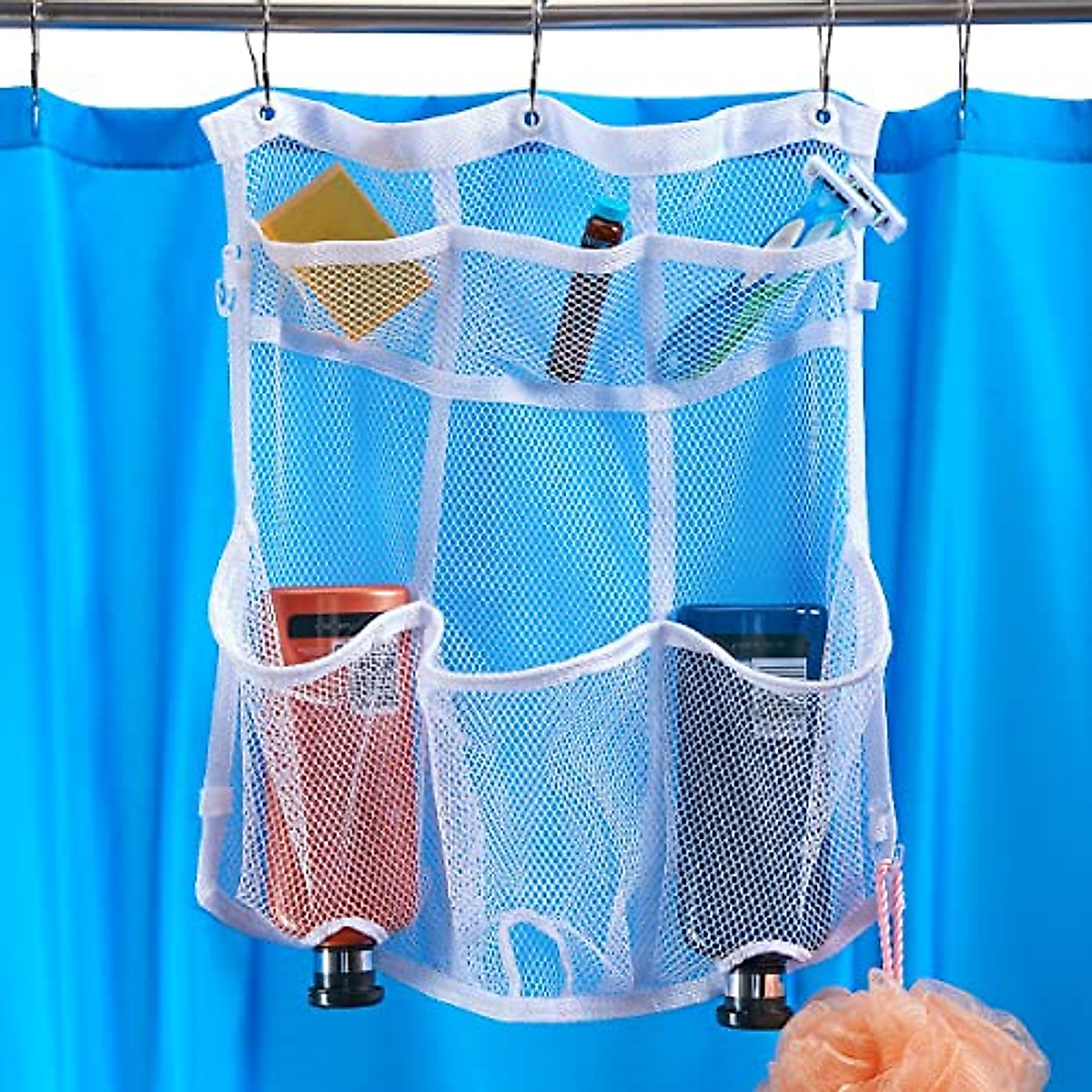 Smooth Trip Mesh Shower Organizer and Hanging Bathroom Caddy with Dispenser Pockets, Movable Hooks and No-Rust Grommets