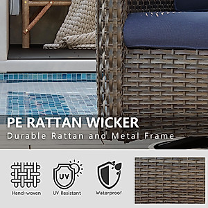 MeetLeisure 5 Pieces Outdoor Furniture Patio Furniture Set Wicker Outdoor Sofa Set with Swivel Rocking Chairs,Patio Ottomans, Cushions Included(Mixed Grey/Blue)