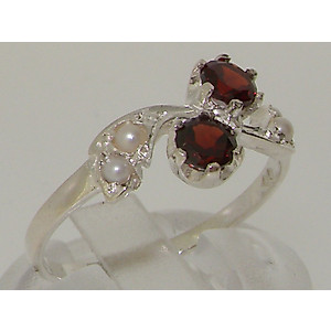 LetsBuyGold 925 Sterling Silver Natural Garnet and Cultured Pearl Womens Band Ring - Sizes 4 to 12 Available