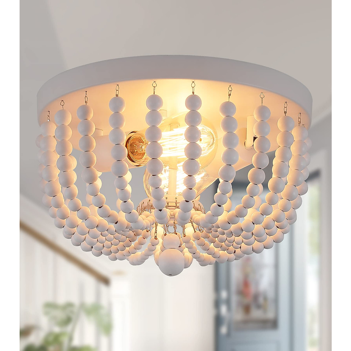 Q&S White Flush Mount Ceiling Light Fixtures,2-Lights Wood Beaded Boho Chandeliers for Nursery Baby Bedroom Dining Room Living Room Kitchen Hallway W11.81