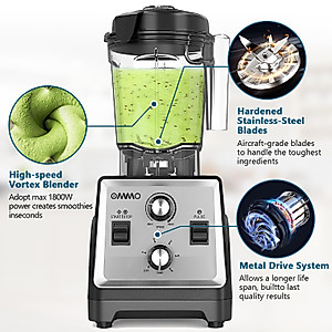 OMMO Blender 1800PW, Professional High Speed Countertop Blender for Kitchen with Durable Stainless Steel Blades, 68oz BPA Free Blender for Shakes and Smoothies, Nuts, Ice and Fruits, Dishwasher Safe