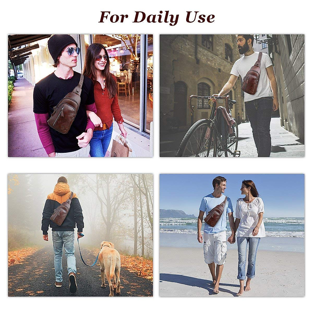 Sling Bag, Leather Chest Bag Crossbody Shoulder Business Backpack Outdoor Coffee