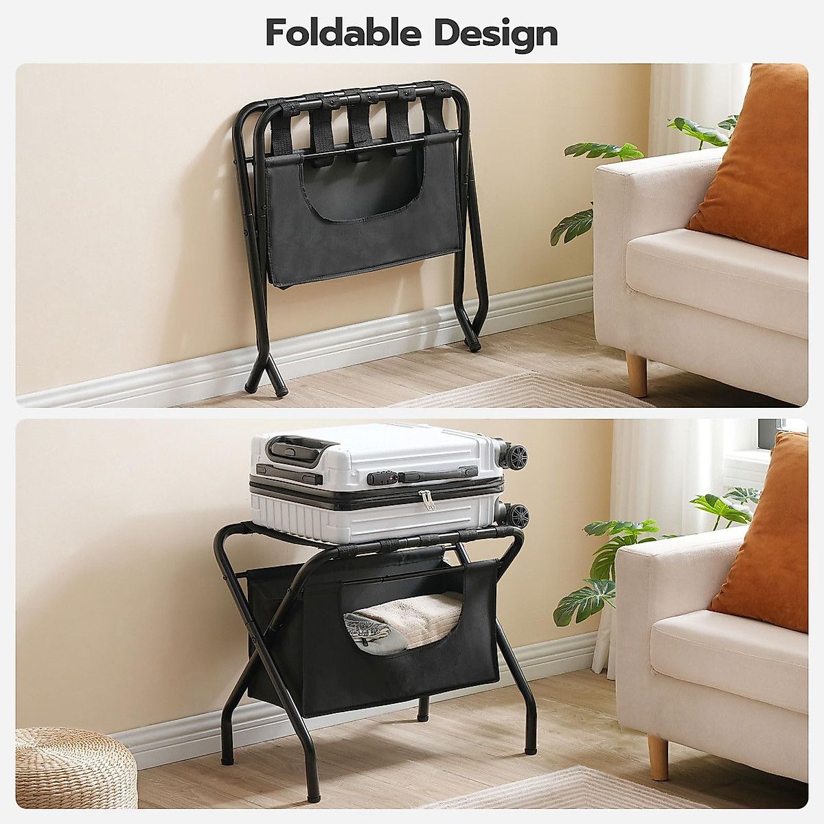 HOOBRO Luggage Rack with Laundry Bag, Pack of 2, Folding Suitcase Stand for Guest Room, 26.8" L x 15" W x 22" H, Suitcase Holder with Oxford Bag, Cloakroom, Bedroom, Hotel, Black BK06XLP201G1