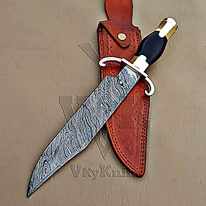 JNR Traders vkn2074 Handmade Damascus Steel Fixed Blade Hunting Knife Compatible for Bowie knife with Leather Sheath