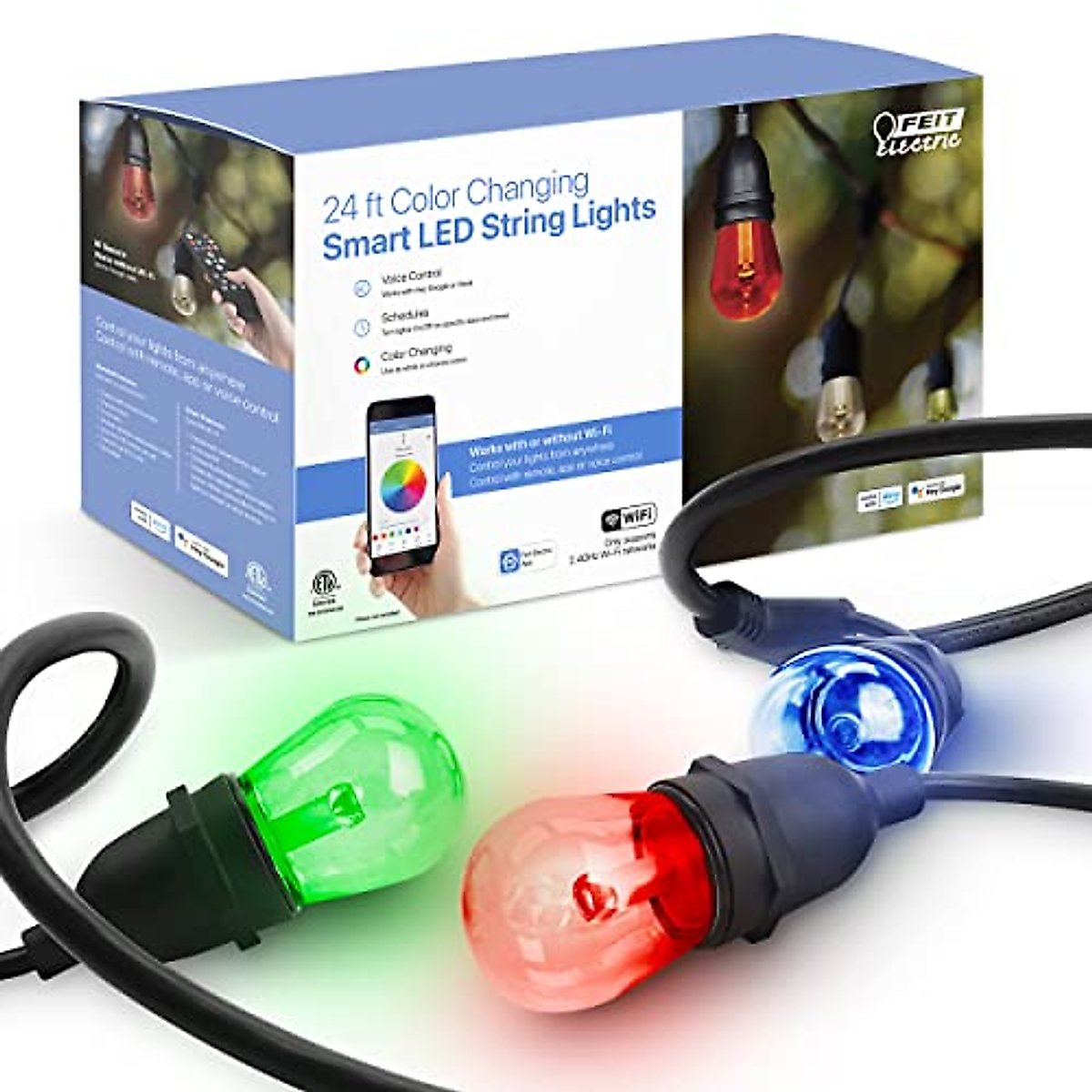 Feit Electric 24" 12pc. Light Color Changing Smart WiFi String Lights with Scheduling Features and Works with Alexa/Google Assistant, Heavy Duty and Weather Resistant - Clear Bulb - SL24-12/RGBW/AG