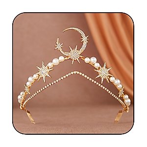 Catery Star Moon Crown Headband Gold Halo Crown Goddess Tiara Headpiece Pearl Boho Wedding Headpiece Bridal Hair Accessories for Women and Girls