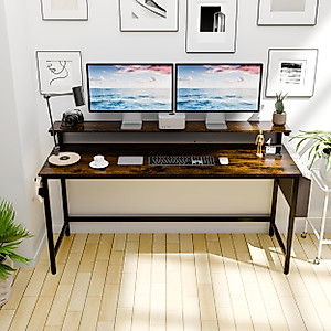 SUNLEI Computer Desk 63 inch Home Office Desks, Gaming Writing Desk Large Work Desk Study Workstation, Laptop Stand for Desk, Simple Assembly, Steel Frame, Rustic Brown
