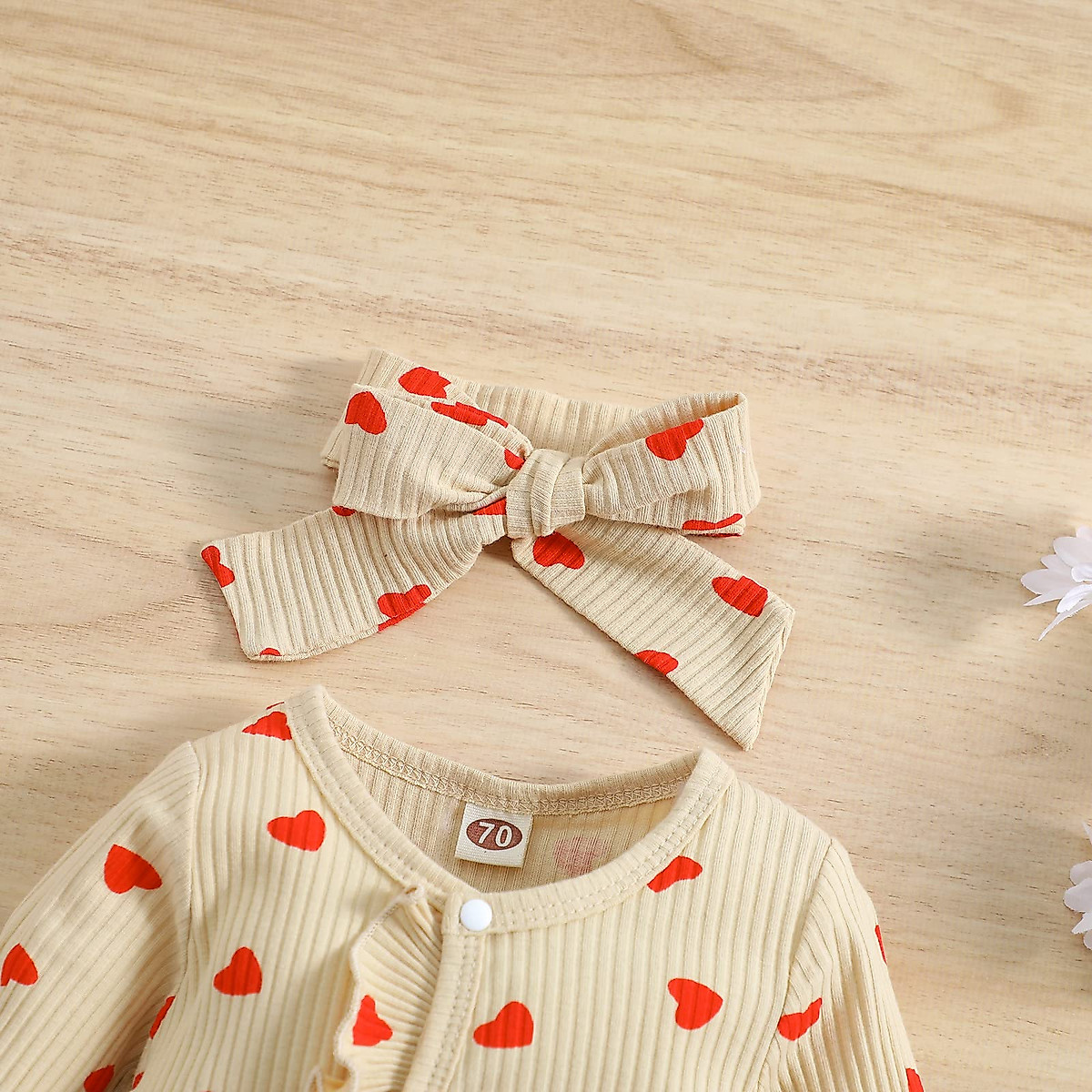 BOUTIKOME Infant Baby Girl Valentines Day Outfit Love Heart Print Footie Romper Ruffle One Piece Onesie Newborn Headband(Beige-10,12-18M)