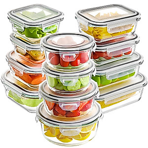 HOMBERKING 12 Sets Glass Food Storage Containers with Lids, Glass Meal Prep Containers, Airtight Glass Bento Boxes, BPA Free & Leak Proof, Pantry Kitchen Storage(12 lids & 12 Containers) - Gray
