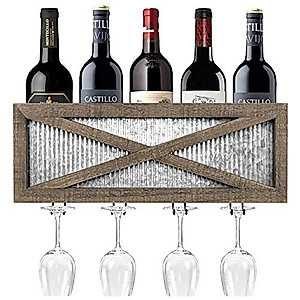 Autumn Alley Rustic Barn Door Wine Rack with Glass Storage - Country Home Decor Rustic Farmhouse for Kitchen, Dining Room – Wood and Metal Wine Wall Mount Storage – Holds 5 Bottles, 4 Stemmed Glasses