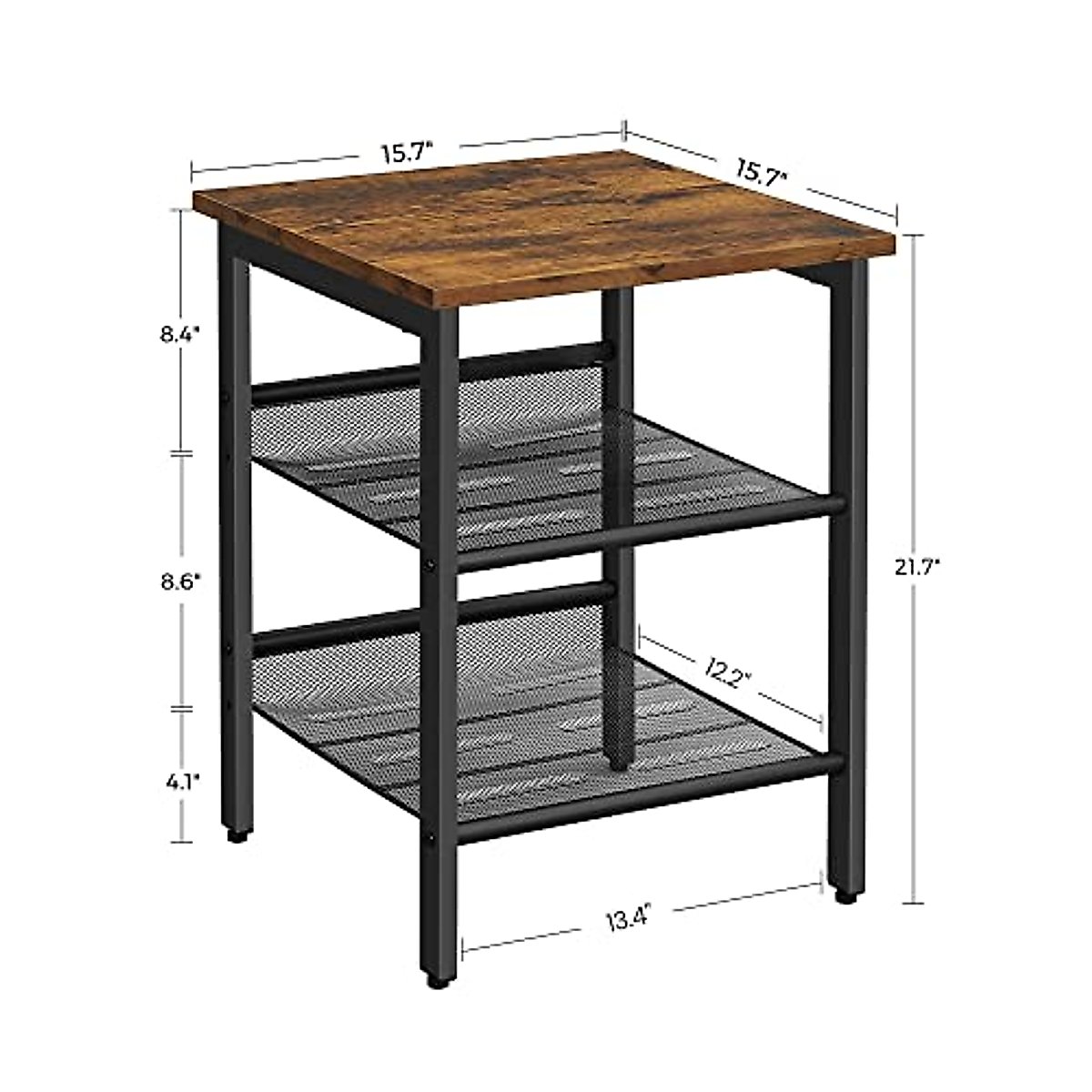 VASAGLE End Table, Nightstand with 2 Adjustable Mesh Shelves, Industrial Side Table for Living Room, Stable Metal Frame, Easy Assembly, Rustic Brown and Black ULET23X