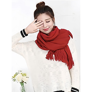 Wander Agio Women's Wraps Warm Long Scarves Winter Scarfs Pure Color Scarf Tassel Wine Red